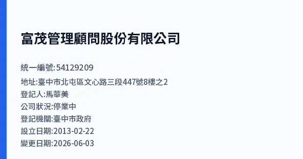 富茂管理顧問股份有限公司的照片-統編 54129209(臺中市) 公司登記資料與營業項目詳細圖表