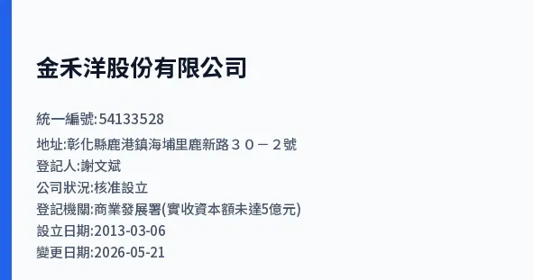 金禾洋股份有限公司的照片-統編 54133528(彰化縣) 公司登記資料與營業項目詳細圖表
