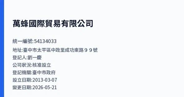 萬蜂國際貿易有限公司的照片-統編 54134033(臺中市) 公司登記資料與營業項目詳細圖表