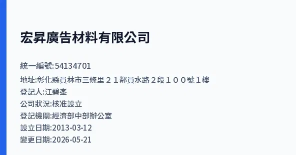 宏昇廣告材料有限公司的照片-統編 54134701(彰化縣) 公司登記資料與營業項目詳細圖表