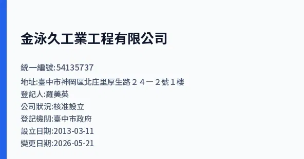 金泳久工業工程有限公司的照片-統編 54135737(臺中市) 公司登記資料與營業項目詳細圖表