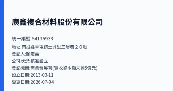 廣鑫複合材料股份有限公司的照片-統編 54135933(南投縣) 公司登記資料與營業項目詳細圖表