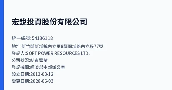 宏銳投資股份有限公司的照片-統編 54136118(新竹縣) 公司登記資料與營業項目詳細圖表