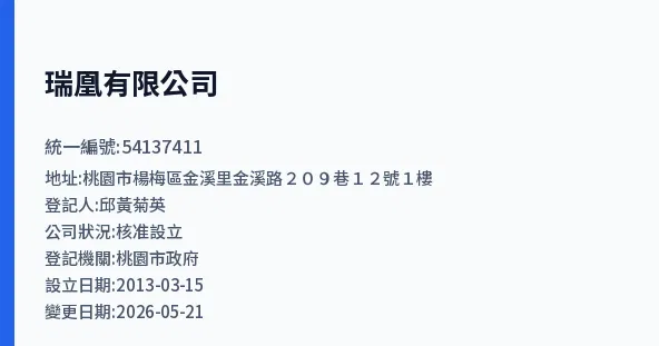 瑞凰有限公司的照片-統編 54137411(桃園市) 公司登記資料與營業項目詳細圖表