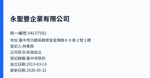 永聖豐企業有限公司的照片-統編 54137502(臺中市) 公司登記資料與營業項目詳細圖表