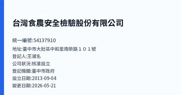 台灣食農安全檢驗股份有限公司的照片-統編 54137910(臺中市) 公司登記資料與營業項目詳細圖表