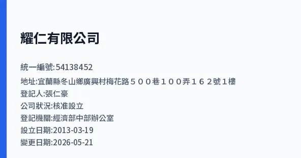 耀仁有限公司的照片-統編 54138452(宜蘭縣) 公司登記資料與營業項目詳細圖表