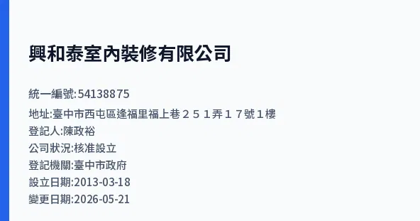 興和泰室內裝修有限公司的照片-統編 54138875(臺中市) 公司登記資料與營業項目詳細圖表