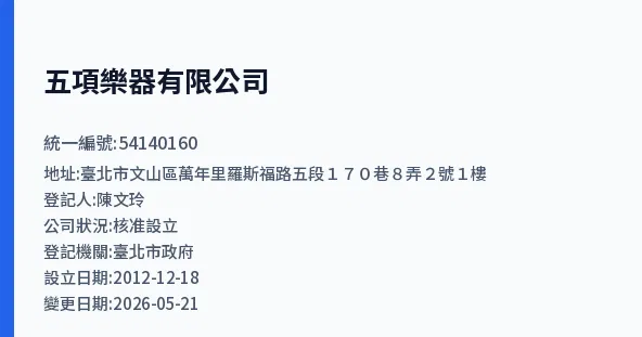 五項樂器有限公司的照片-統編 54140160(臺北市) 公司登記資料與營業項目詳細圖表