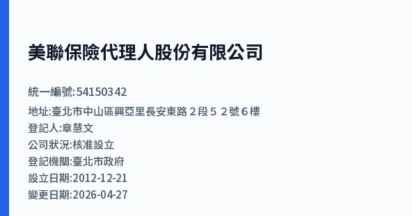 美聯保險代理人股份有限公司的照片-統編 54150342(臺北市) 公司登記資料與營業項目詳細圖表