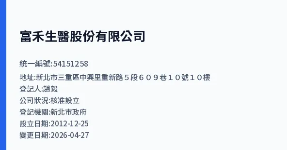 富禾生醫股份有限公司的照片-統編 54151258(新北市) 公司登記資料與營業項目詳細圖表