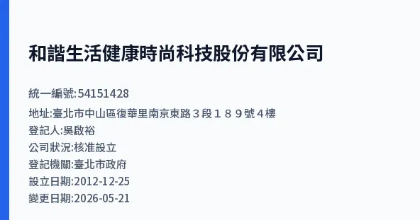 和諧生活健康時尚科技股份有限公司的照片-統編 54151428(臺北市) 公司登記資料與營業項目詳細圖表