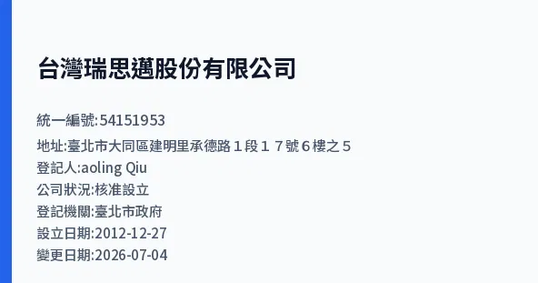 台灣瑞思邁股份有限公司的照片-統編 54151953(臺北市) 公司登記資料與營業項目詳細圖表