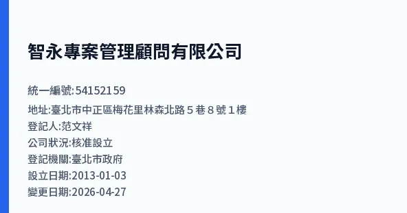 智永專案管理顧問有限公司的照片-統編 54152159(臺北市) 公司登記資料與營業項目詳細圖表