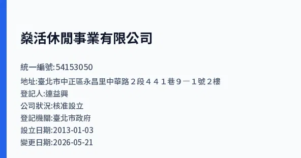 燊活休閒事業有限公司的照片-統編 54153050(臺北市) 公司登記資料與營業項目詳細圖表