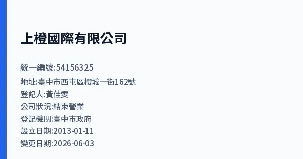 上橙國際有限公司的照片-統編 54156325(臺中市) 公司登記資料與營業項目詳細圖表