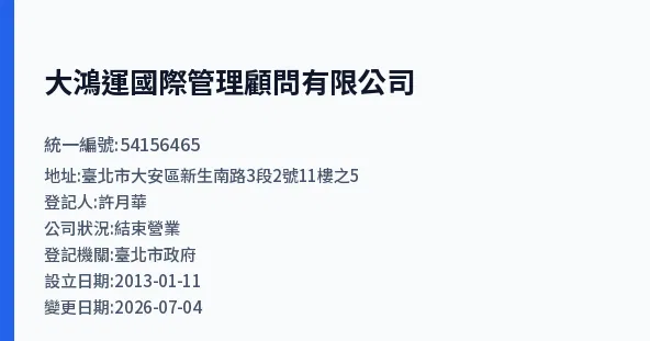 大鴻運國際管理顧問有限公司的照片-統編 54156465(臺北市) 公司登記資料與營業項目詳細圖表