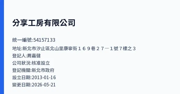分享工房有限公司的照片-統編 54157133(新北市) 公司登記資料與營業項目詳細圖表