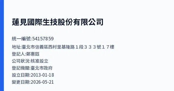 蓮見國際生技股份有限公司的照片-統編 54157859(臺北市) 公司登記資料與營業項目詳細圖表