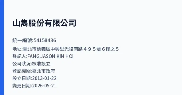 山雋股份有限公司的照片-統編 54158436(臺北市) 公司登記資料與營業項目詳細圖表