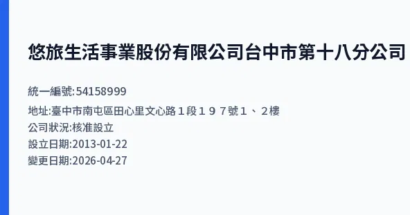 悠旅生活事業股份有限公司台中市第十八分公司的照片-統編 54158999(臺中市) 公司登記資料與營業項目詳細圖表