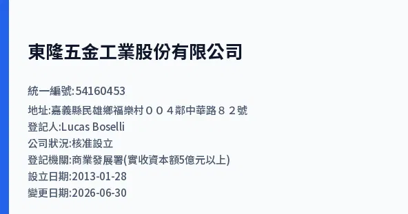 東隆五金工業股份有限公司的照片-統編 54160453(嘉義縣) 公司登記資料與營業項目詳細圖表