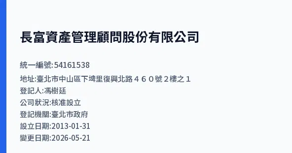 長富資產管理顧問股份有限公司的照片-統編 54161538(臺北市) 公司登記資料與營業項目詳細圖表