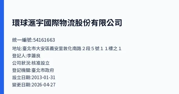 環球滙宇國際物流股份有限公司的照片-統編 54161663(臺北市) 公司登記資料與營業項目詳細圖表