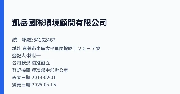 凱岳國際環境顧問有限公司的照片-統編 54162467(嘉義市) 公司登記資料與營業項目詳細圖表