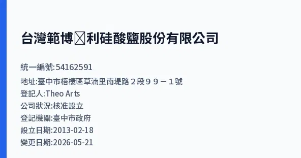 台灣範博迩利硅酸鹽股份有限公司的照片-統編 54162591(臺中市) 公司登記資料與營業項目詳細圖表