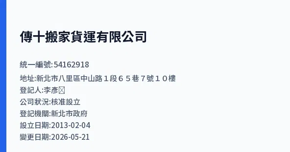 傳十搬家貨運有限公司的照片-統編 54162918(新北市) 公司登記資料與營業項目詳細圖表