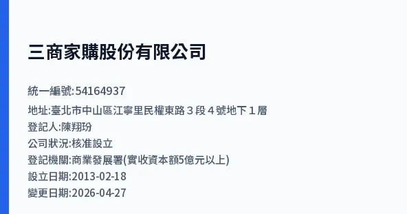 三商家購股份有限公司的照片-統編 54164937(臺北市) 公司登記資料與營業項目詳細圖表
