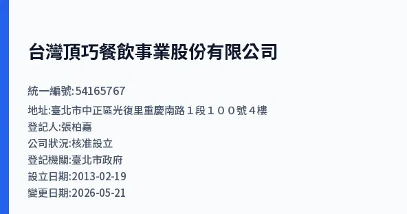 台灣頂巧餐飲事業股份有限公司的照片-統編 54165767(臺北市) 公司登記資料與營業項目詳細圖表