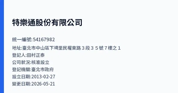 特樂通股份有限公司的照片-統編 54167982(臺北市) 公司登記資料與營業項目詳細圖表