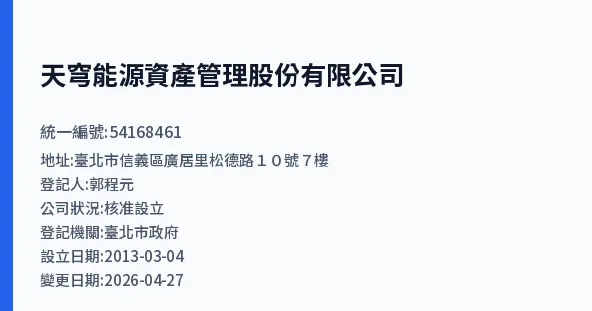 天穹能源資產管理股份有限公司的照片-統編 54168461(臺北市) 公司登記資料與營業項目詳細圖表