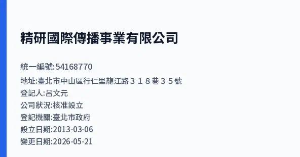 精研國際傳播事業有限公司的照片-統編 54168770(臺北市) 公司登記資料與營業項目詳細圖表