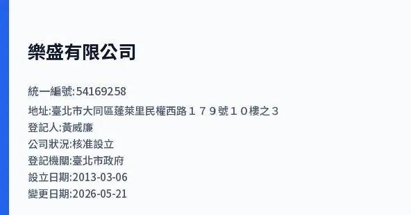 樂盛有限公司的照片-統編 54169258(臺北市) 公司登記資料與營業項目詳細圖表