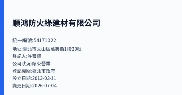 順鴻防火綠建材有限公司的照片-統編 54171022(臺北市) 公司登記資料與營業項目詳細圖表