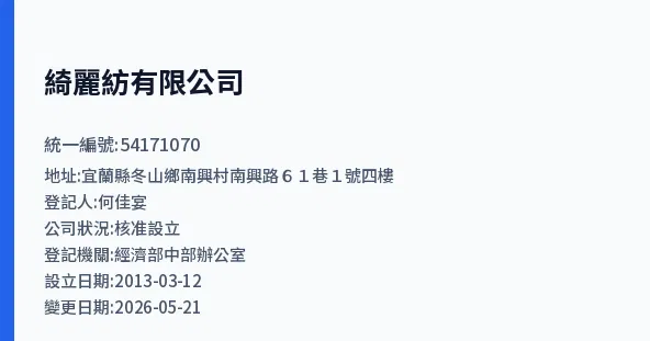 綺麗紡有限公司的照片-統編 54171070(宜蘭縣) 公司登記資料與營業項目詳細圖表