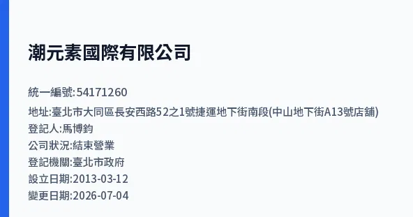 潮元素國際有限公司的照片-統編 54171260(臺北市) 公司登記資料與營業項目詳細圖表