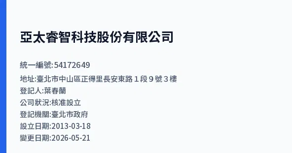 亞太睿智科技股份有限公司的照片-統編 54172649(臺北市) 公司登記資料與營業項目詳細圖表