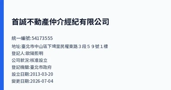 首誠不動產仲介經紀有限公司的照片-統編 54173555(臺北市) 公司登記資料與營業項目詳細圖表