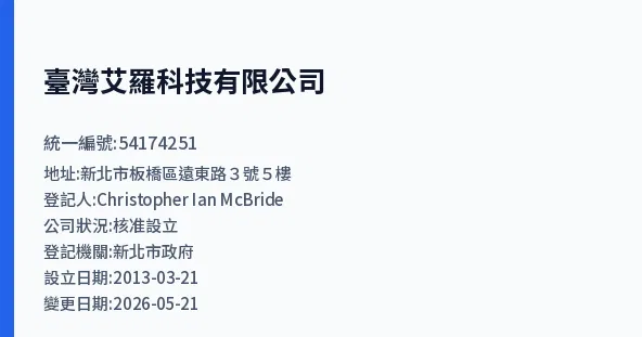 臺灣艾羅科技有限公司的照片-統編 54174251(新北市) 公司登記資料與營業項目詳細圖表