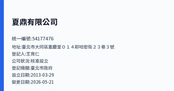 夏鼎有限公司的照片-統編 54177476(臺北市) 公司登記資料與營業項目詳細圖表