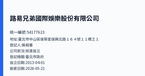 路易兄弟國際娛樂股份有限公司的照片-統編 54177623(臺北市) 公司登記資料與營業項目詳細圖表