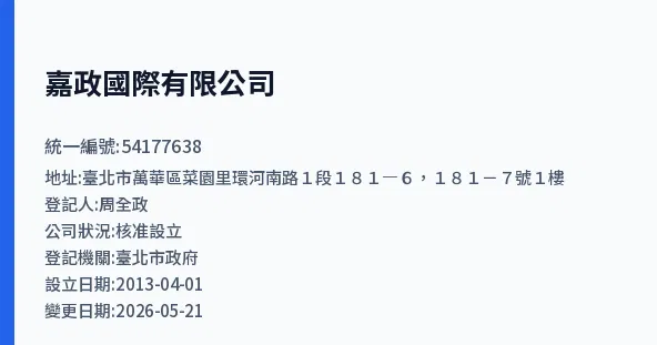 嘉政國際有限公司的照片-統編 54177638(臺北市) 公司登記資料與營業項目詳細圖表