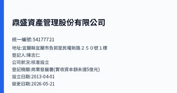 鼎盛資產管理股份有限公司的照片-統編 54177721(宜蘭縣) 公司登記資料與營業項目詳細圖表