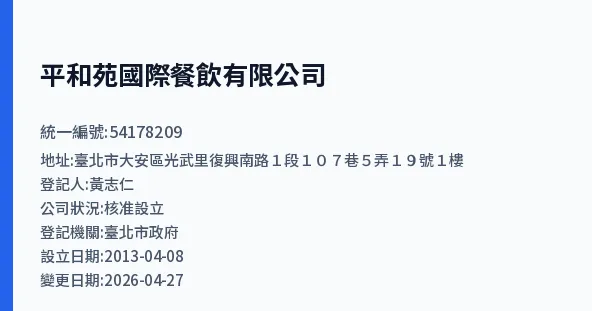 平和苑國際餐飲有限公司的照片-統編 54178209(臺北市) 公司登記資料與營業項目詳細圖表