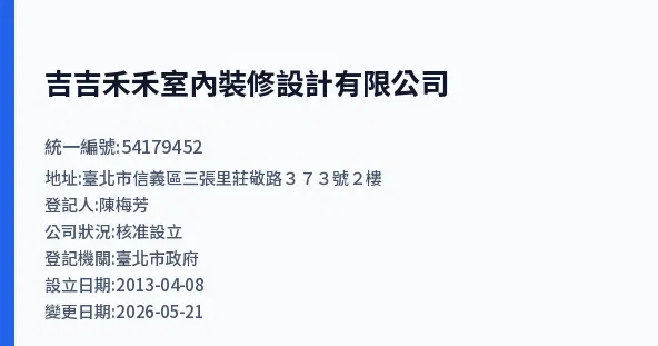 吉吉禾禾室內裝修設計有限公司的照片-統編 54179452(臺北市) 公司登記資料與營業項目詳細圖表