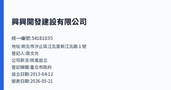 興興開發建設有限公司的照片-統編 54181035(新北市) 公司登記資料與營業項目詳細圖表